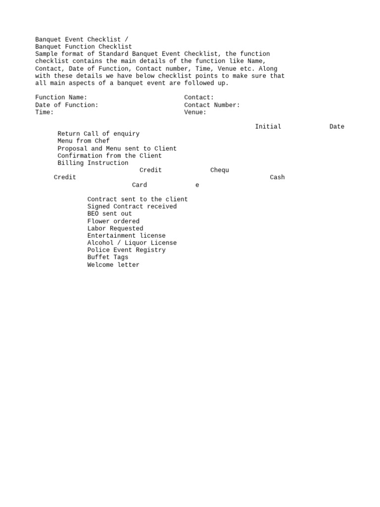 Banquet Event Checklist | PDF