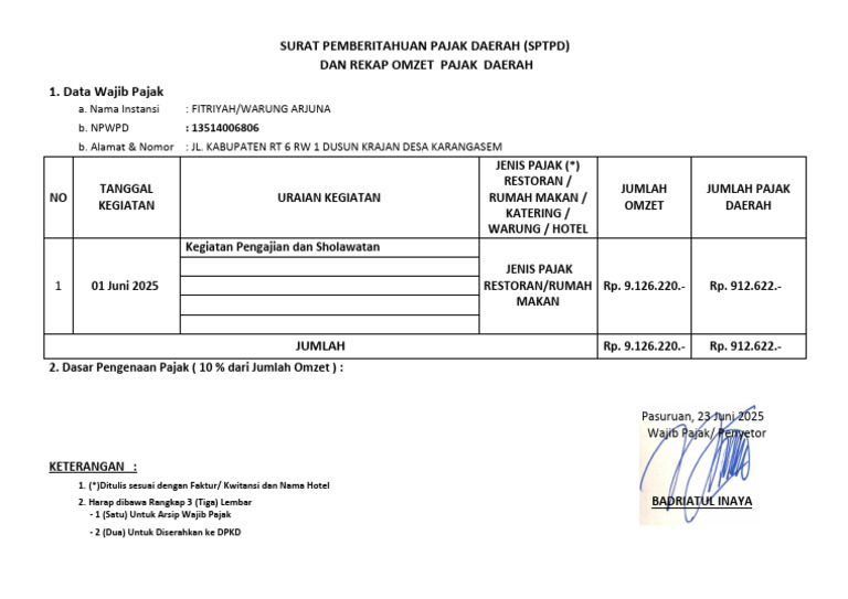 SPTPD dan Rekap Pajak Daerah 2025 | PDF
