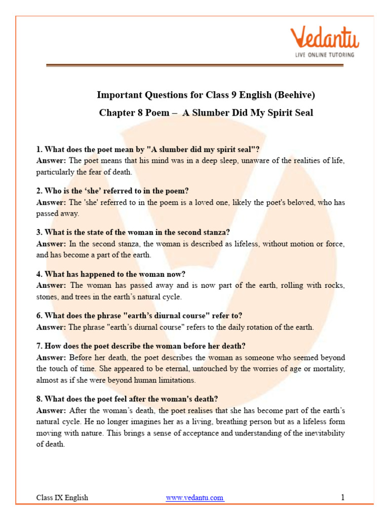 Important Questions Class 9 English Beehive Chapte_251107_200447 | PDF | Death