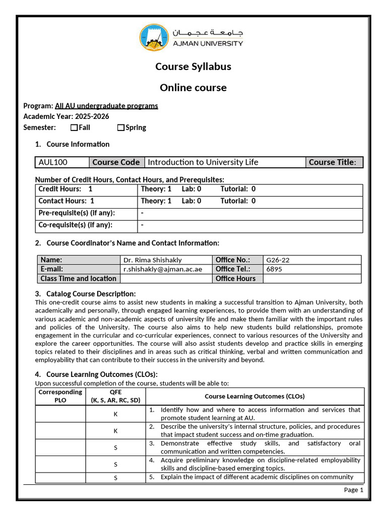 Introduction To AU Life Course Syllabus Fall2025 | PDF | Academic ...