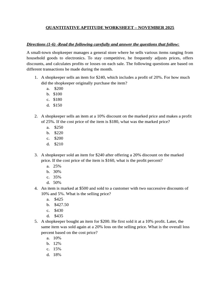 Quantitative Aptitude Worksheet | PDF | Prices | Business