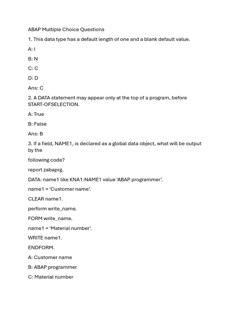 ABAP Multiple Choice Questions Guide | PDF | Databases | Database ...