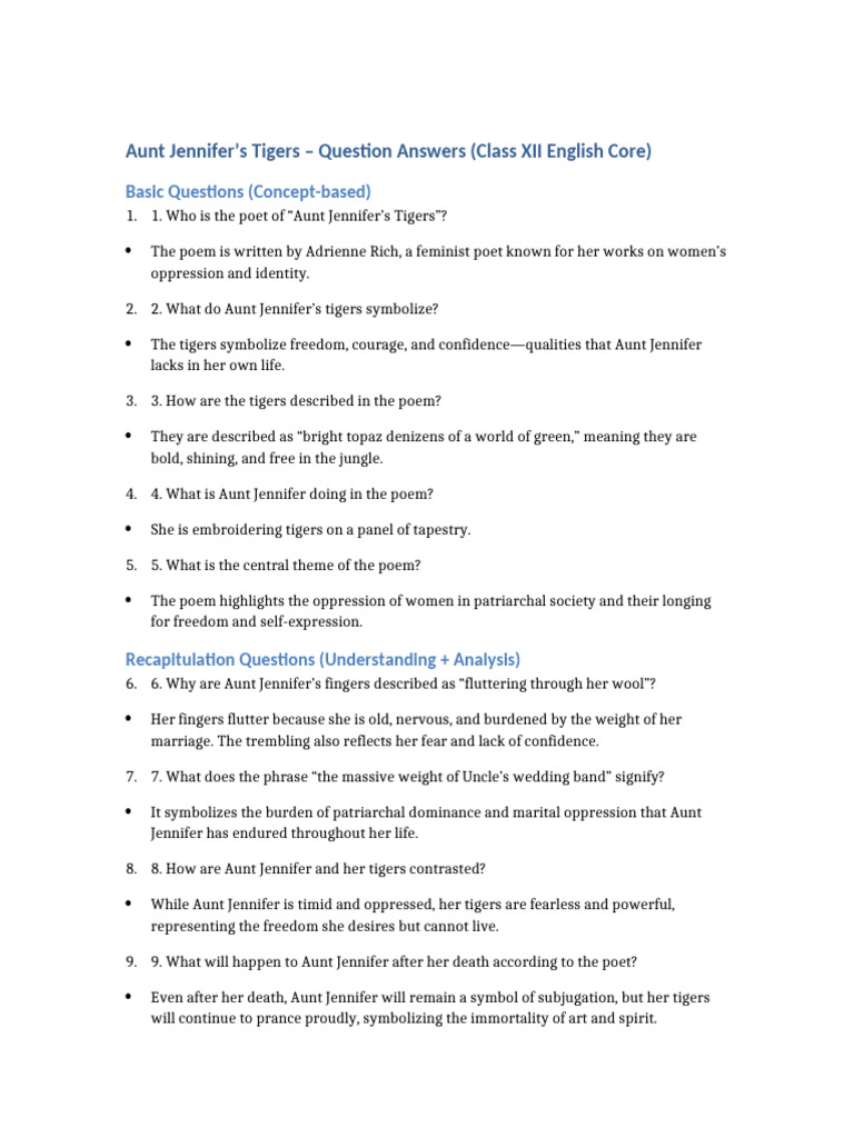 Aunt Jennifers Tigers QA Class12 | PDF | Poetry