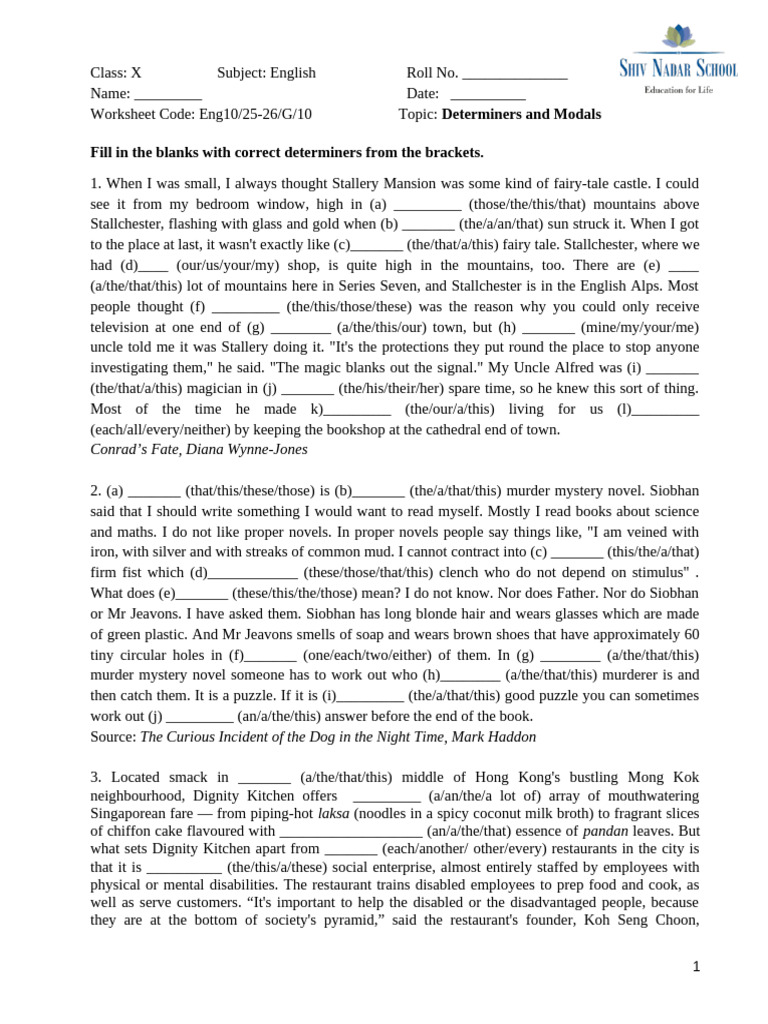 Determiners and Modals WS Grade 10 Review | PDF