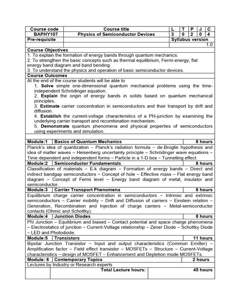 Semiconductor Physics Course Syllabus | PDF | Semiconductors | Quantum ...