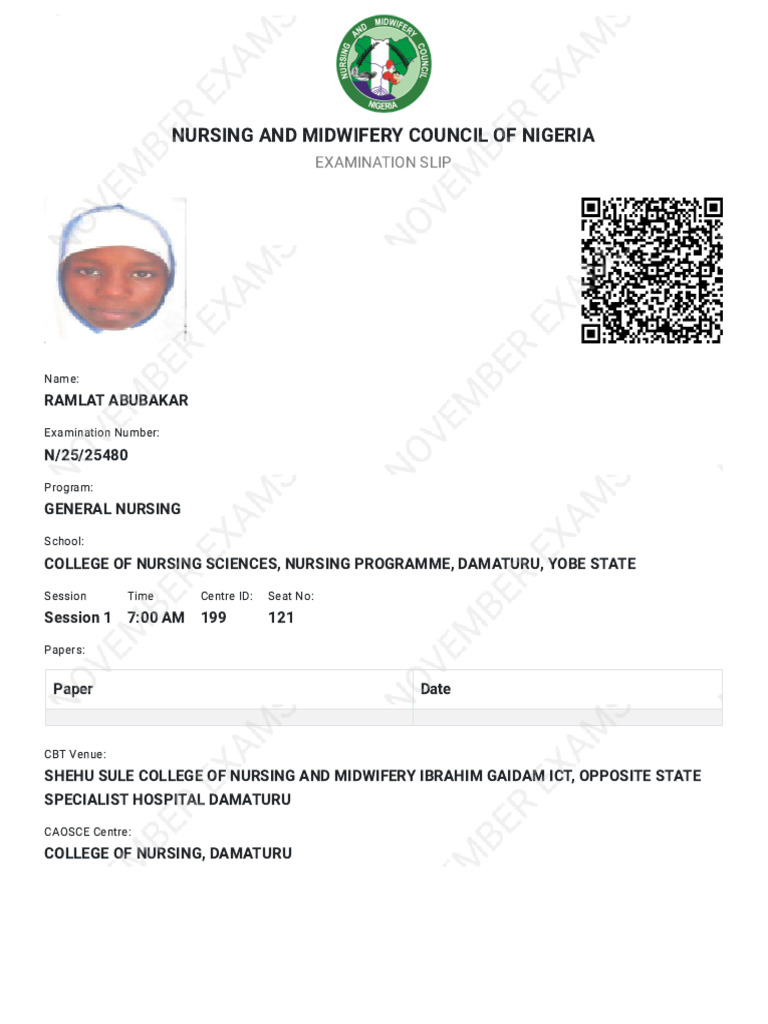NMNC Examination Slip for Ramlant Abubakar | PDF