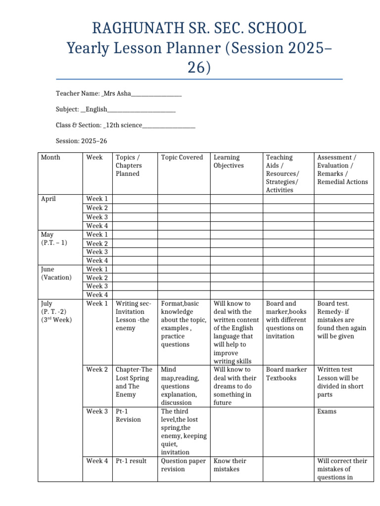 Yearly Lesson Planner 2025-26-1 | PDF | Teachers | Educational Assessment