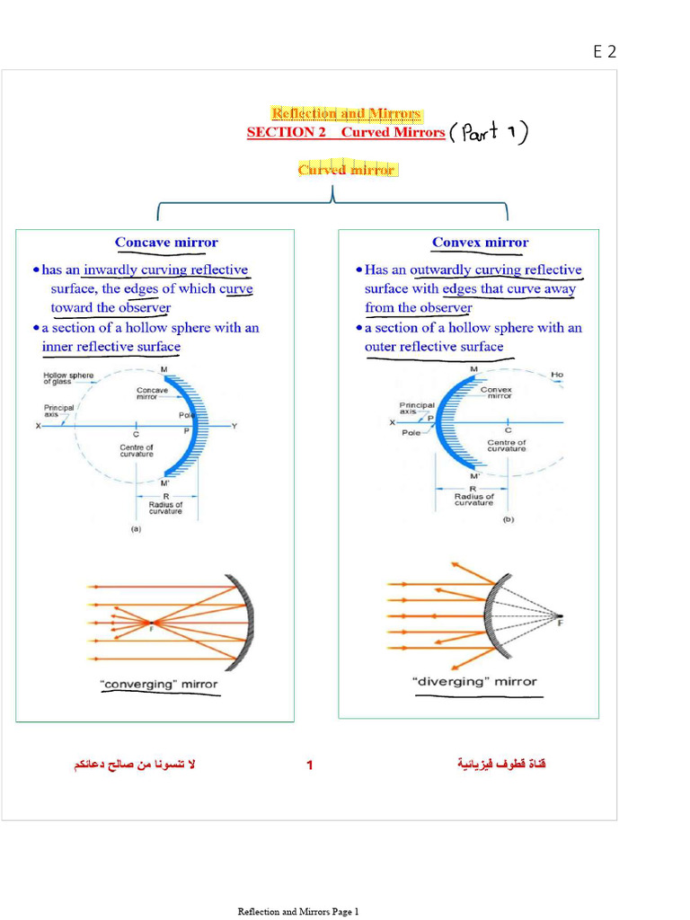 Reflection and Mirrors (2-Curved Mirrors) Part 1 | PDF