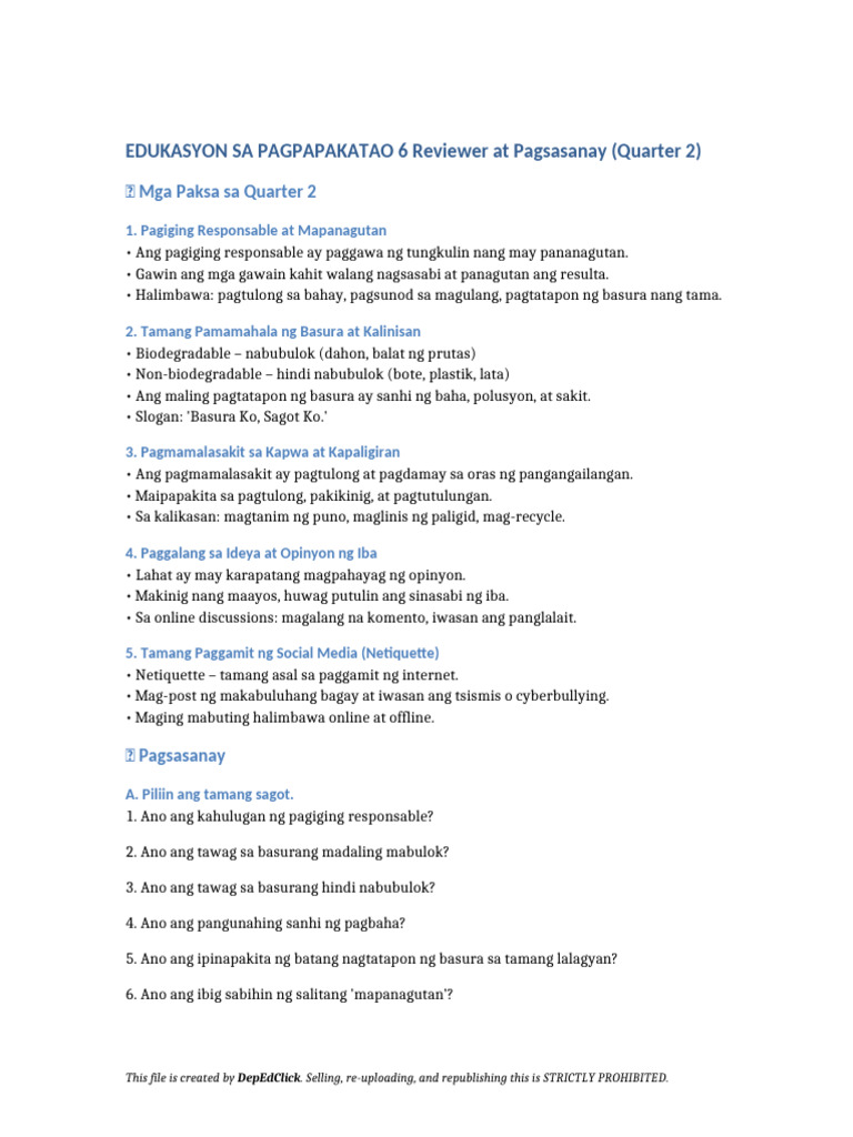 ESP6 Reviewer at Pagsasanay | PDF