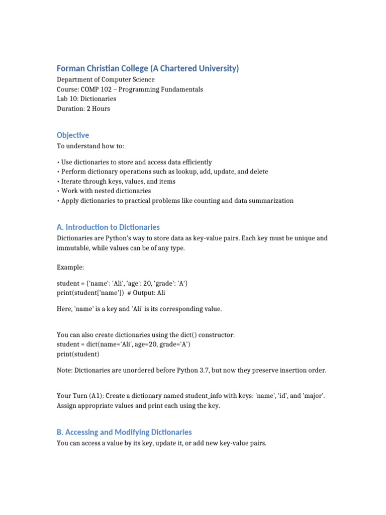 COMP102 Lab10 Dictionaries | PDF | Computing | Computer Programming