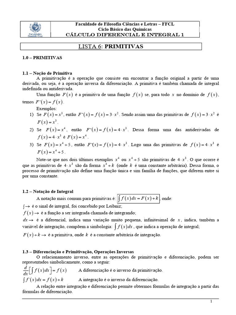 Primitivas e Integrais: Conceitos e Exemplos | PDF | Derivado | Integrante