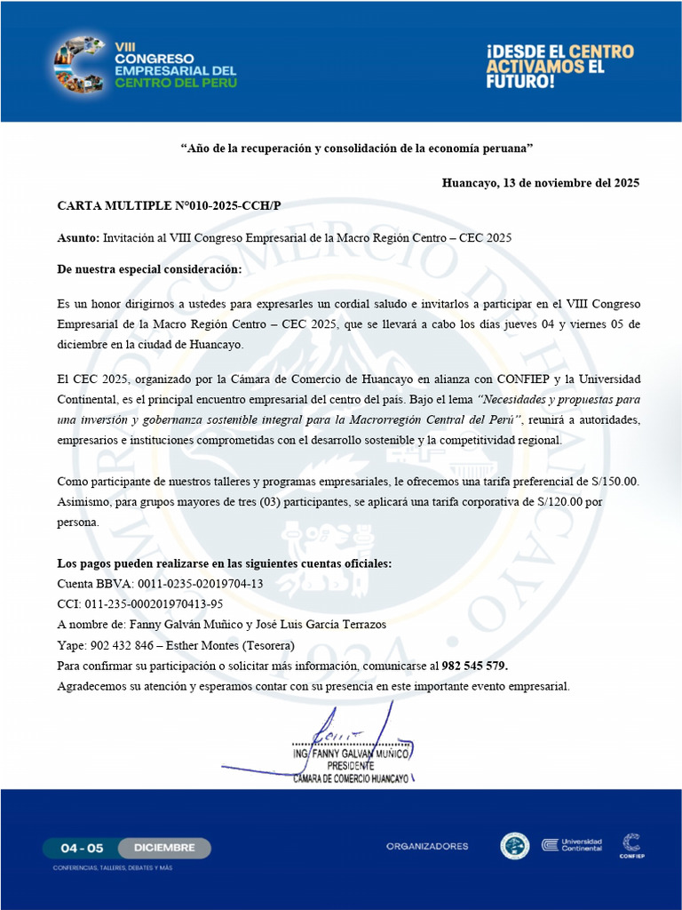 Cartas de Invitación Al Viii Congreso Empresarial de La Cch | PDF