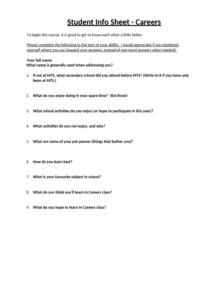 Student Info Sheet for Careers Class | PDF