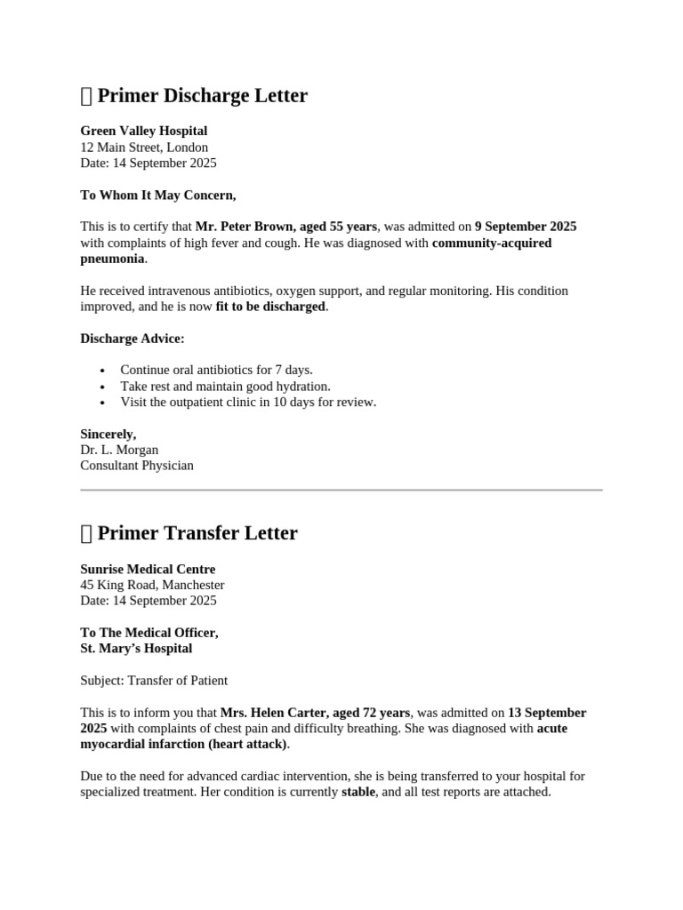Patient Discharge and Transfer Letters | PDF
