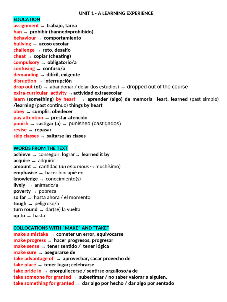 Vocabulary Unit 1 A Learning Experience | PDF