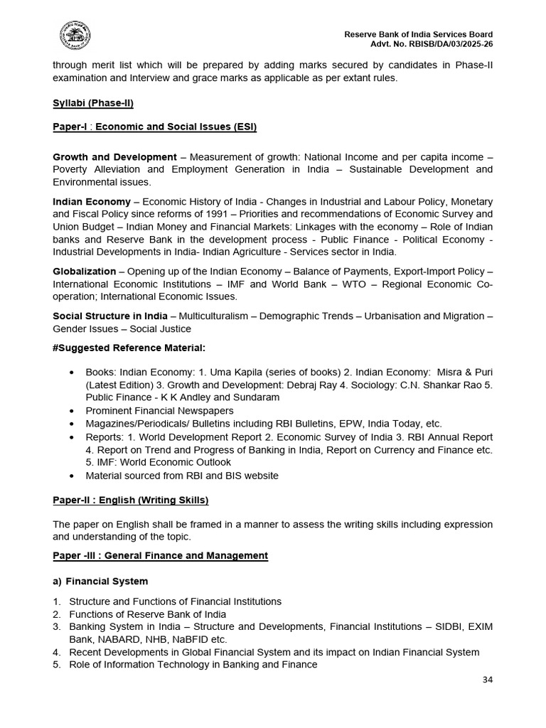 RBI Services Board Exam Syllabus 2025-26 | PDF | Organizational ...