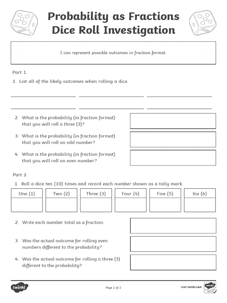 Probability As Fractions Dice Roll Investigation Activity Se Pdf