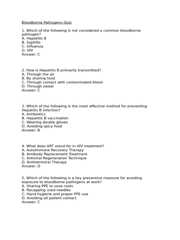Bloodborne Pathogens Quiz | PDF