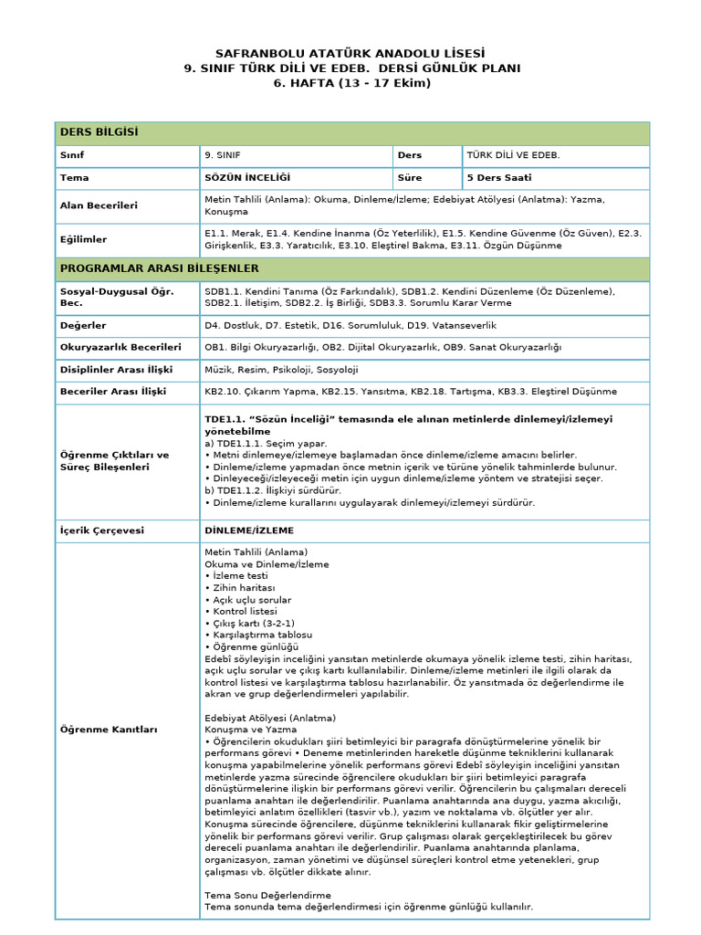 9 Sinif Turk Dili Ve Edeb Maarif m Al 6 Hafta Gunluk Plani 1763036403 | PDF