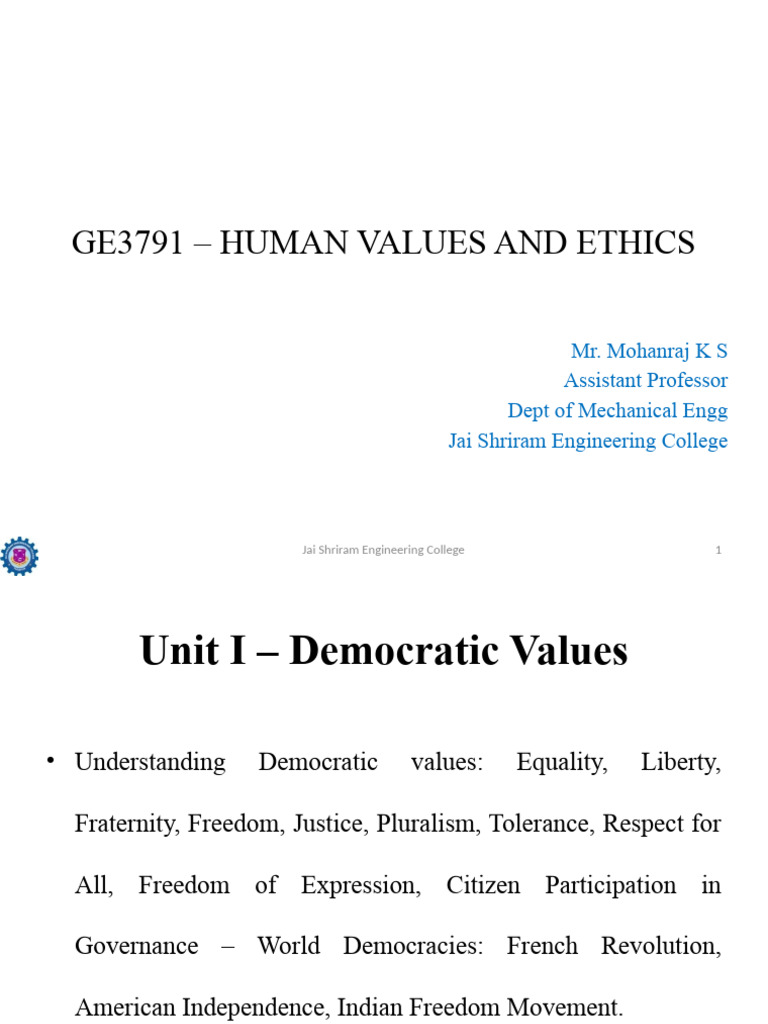 Human Values and Ethics - GE3791 - Slide Notes - Unit 1 - Democratic ...
