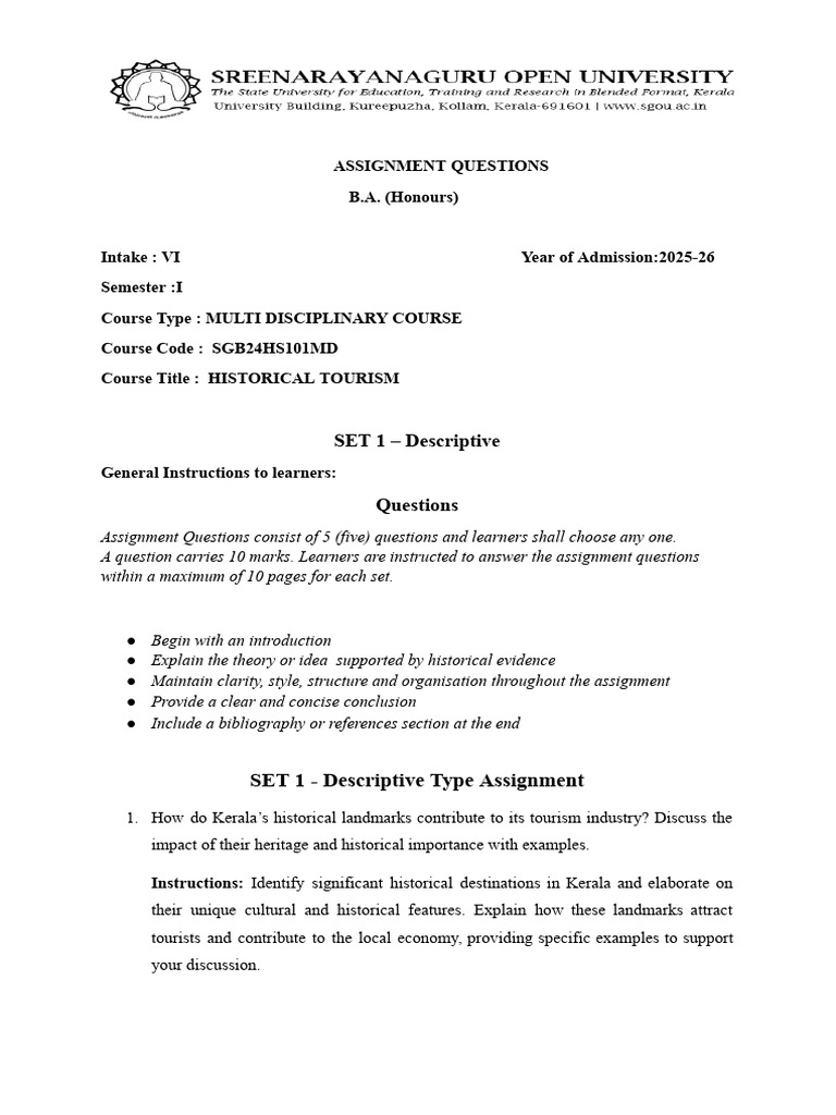 Assignment Questions B.A. (Honours) History: SET 1 - Descriptive | PDF ...