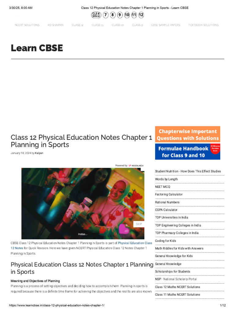Class 12 Sports Planning Notes | PDF | Tournament | Sports