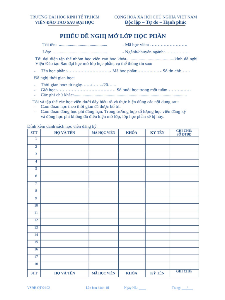 20197501425c96e79f323c3_VSĐH.QT.04.02-PHIẾU-ĐỀ-NGHỊ-MỞ-LỚP-HỌC-PHẦN | PDF