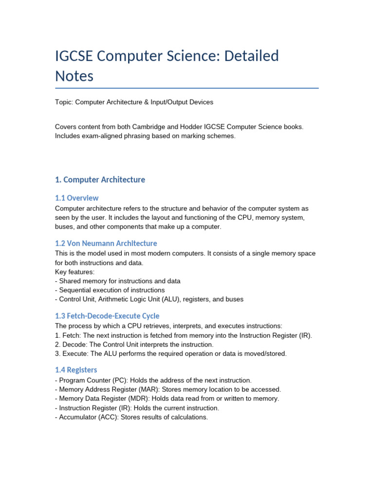 IGCSE Computer Architecture IO Devices Notes | PDF | Central Processing ...