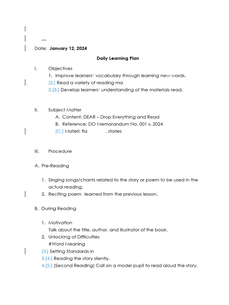 Daily Learning Plan for Vocabulary Development | PDF
