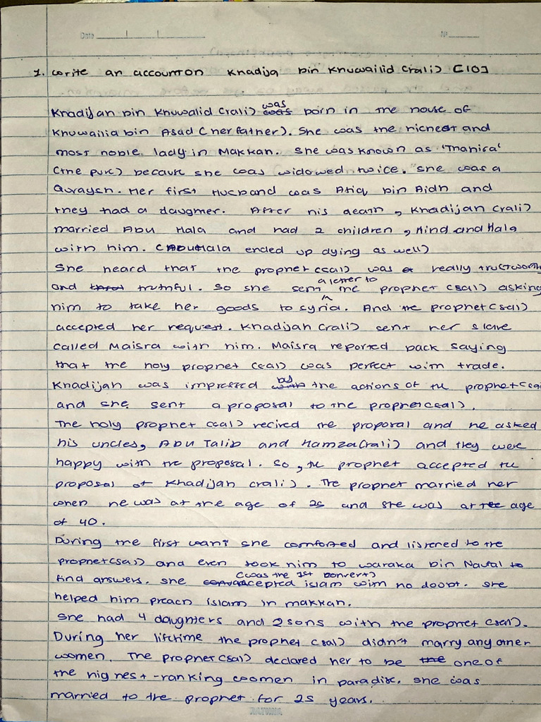 Write an Account on Khadijah Bin Khuwailid[10M] - Islamiyat 2058 | PDF