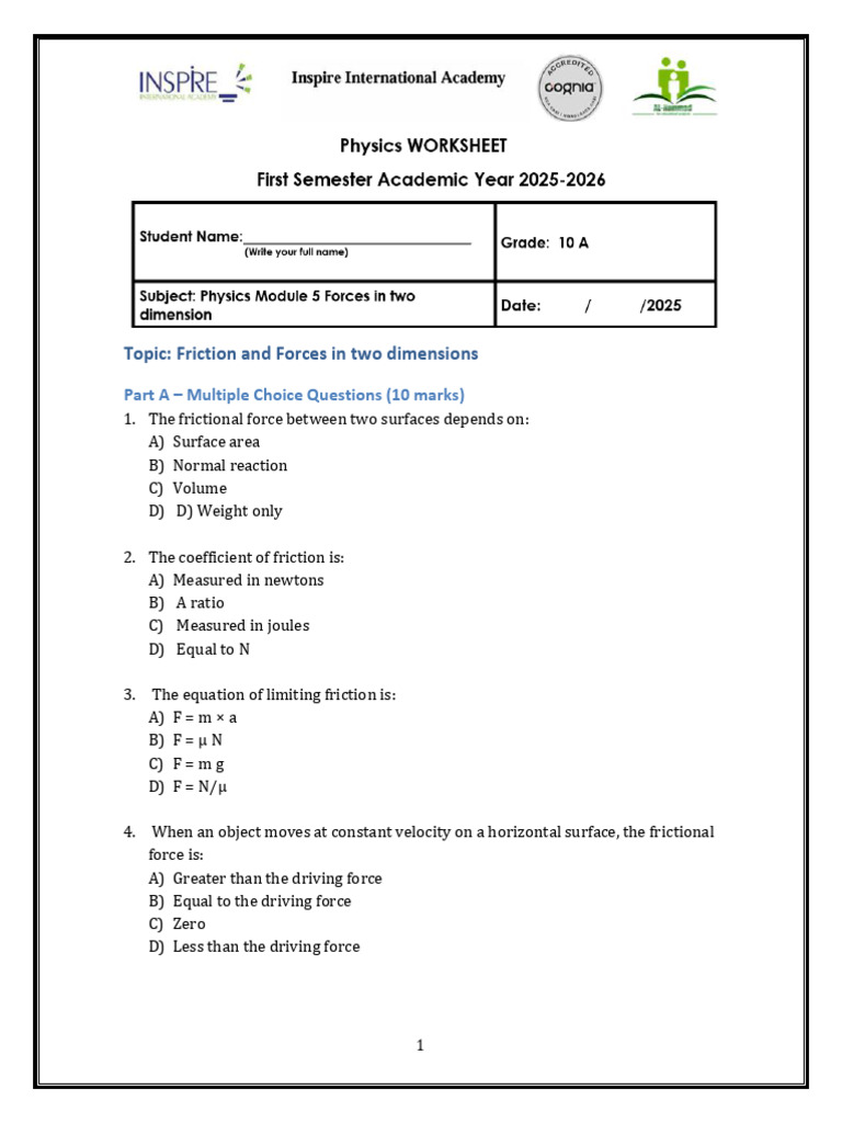 Friction and Motion Worksheet | PDF | Friction | Force