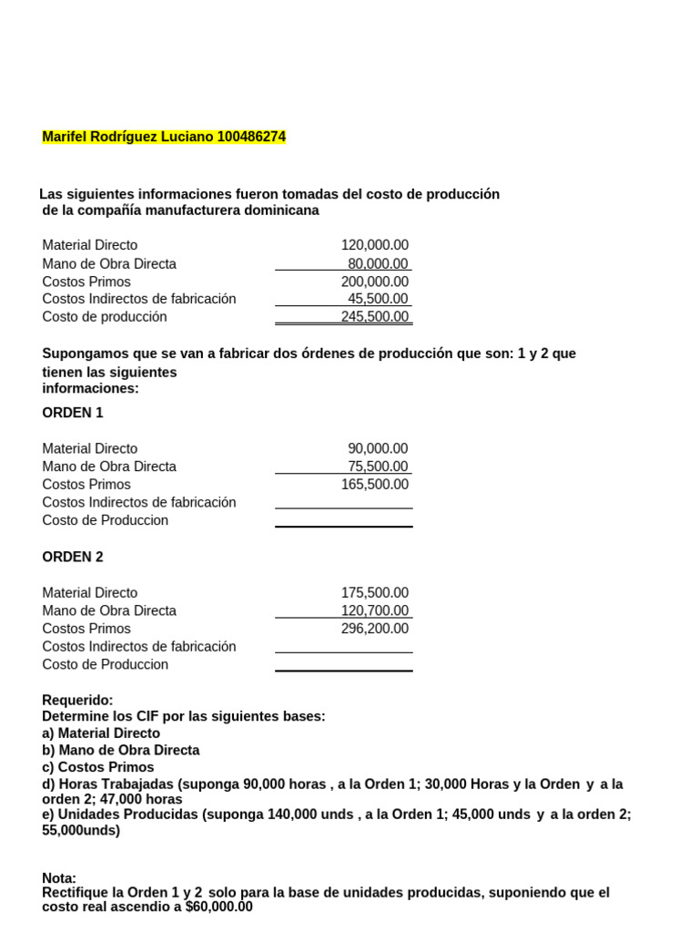 EJERCICIO CIF Marifel Rodriguez | PDF | Producción y fabricación | Sector secundario de la economía
