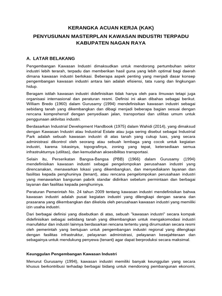 KAK Penyusunan Masterplan Kawasan Industri Terpadu Nagan Raya | PDF