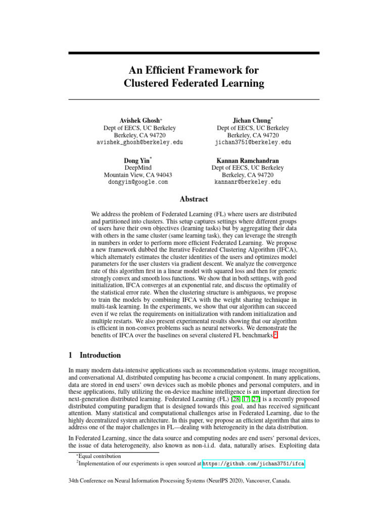 NeurIPS-2020-an-efficient-framework-for-clustered-federated-learning-Paper | PDF | Cluster ...