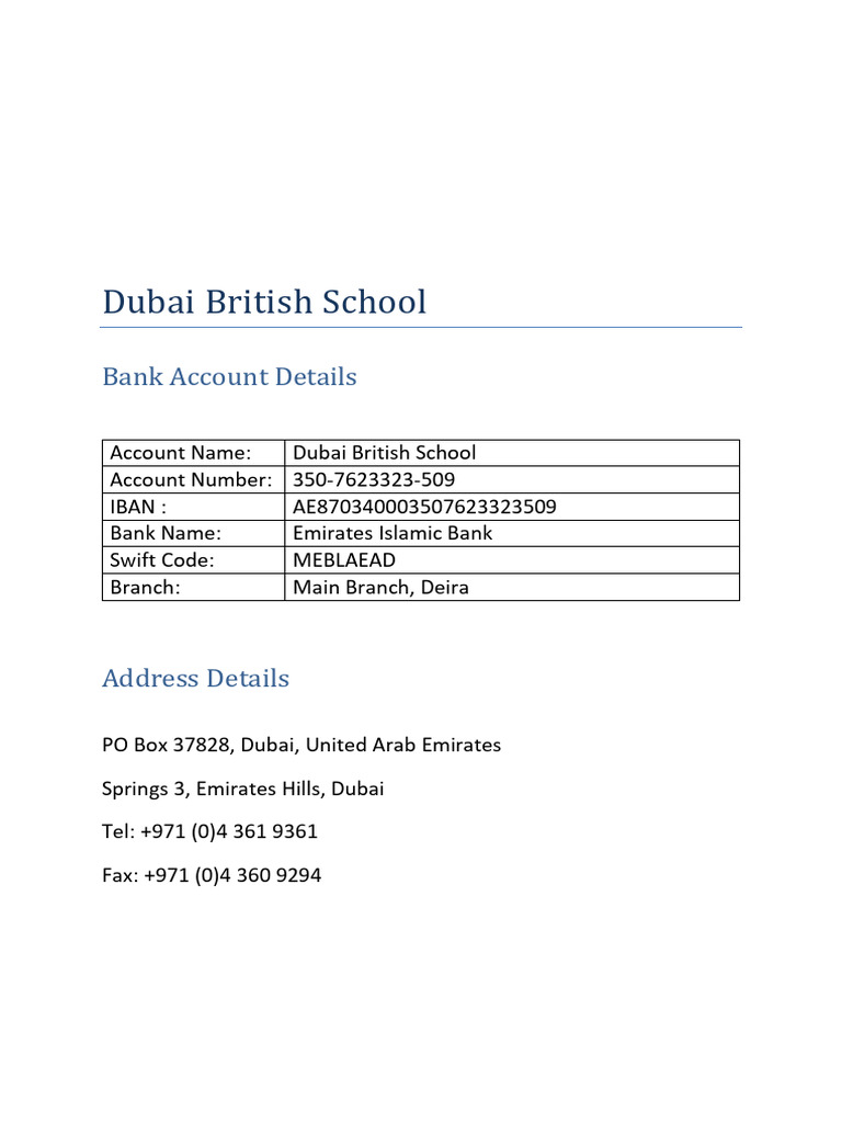 Dubai British School Bank Details | PDF