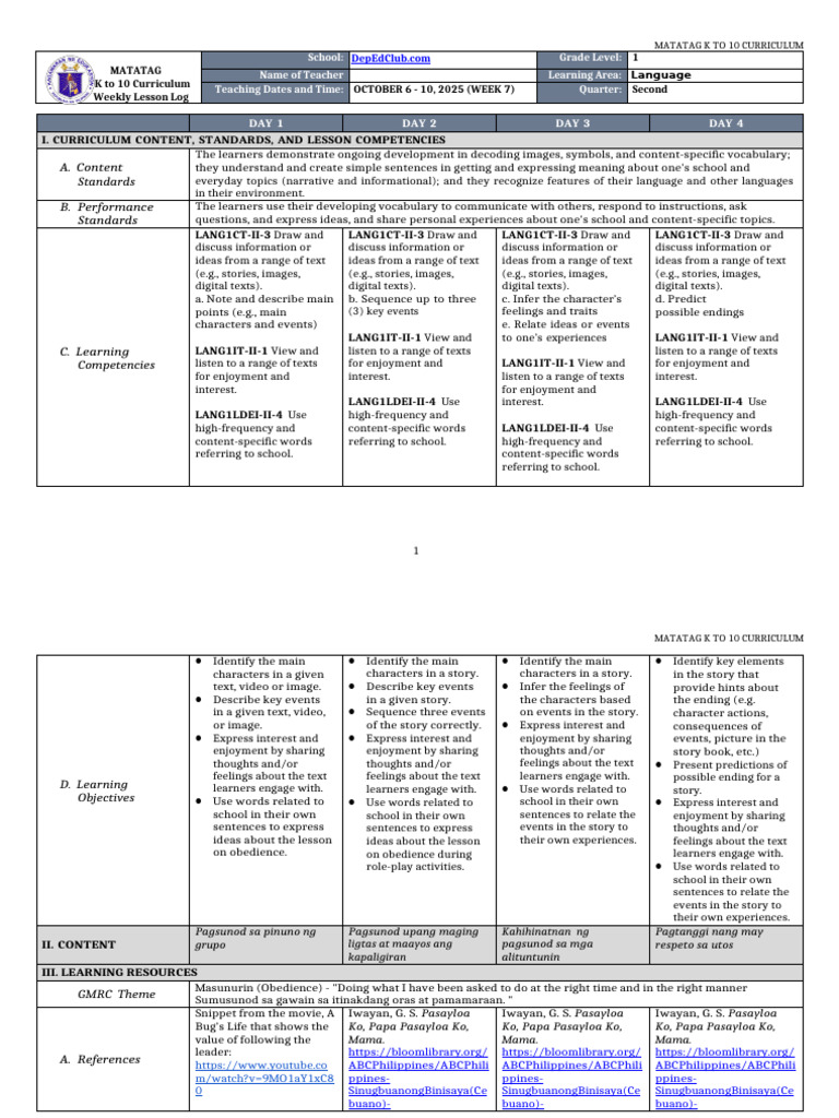 DLL Matatag - Language 1 - Q2 - W7 | PDF | Curriculum | Information