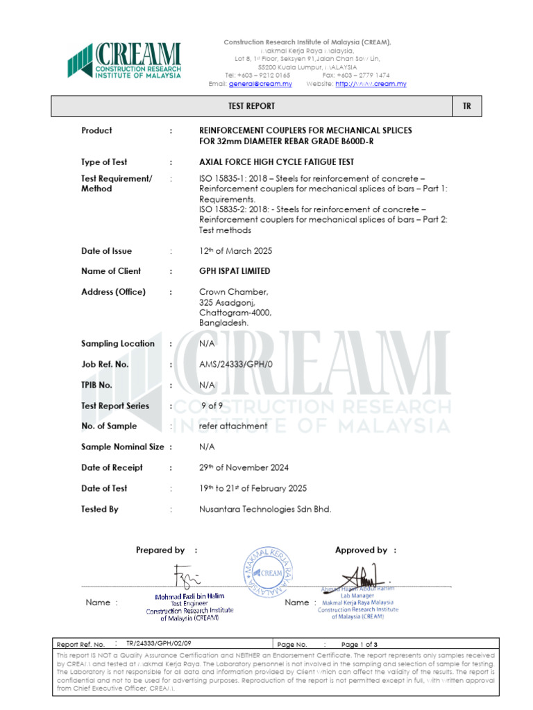 Tr - Mkrm - Axial Force Fatigue Test Splice - 32mm Grade b600d-r | PDF