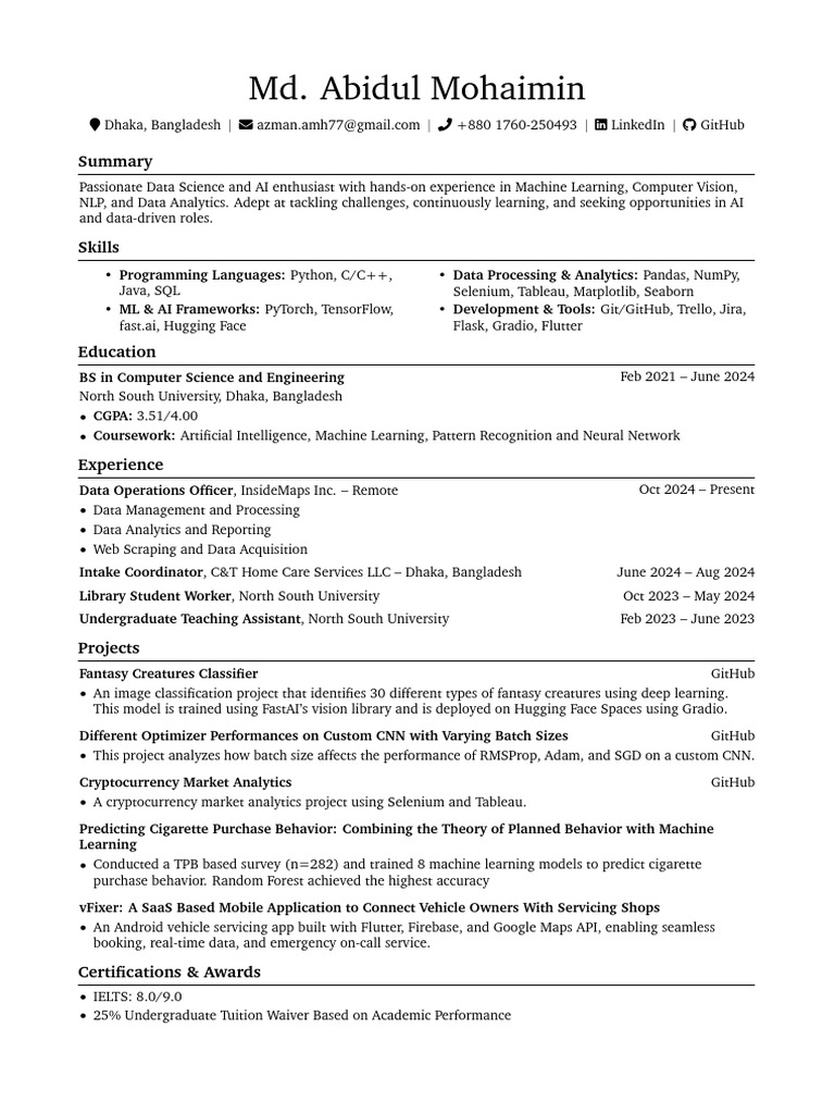 CV of Md. Abidul Mohaimin | PDF | Machine Learning | Artificial ...