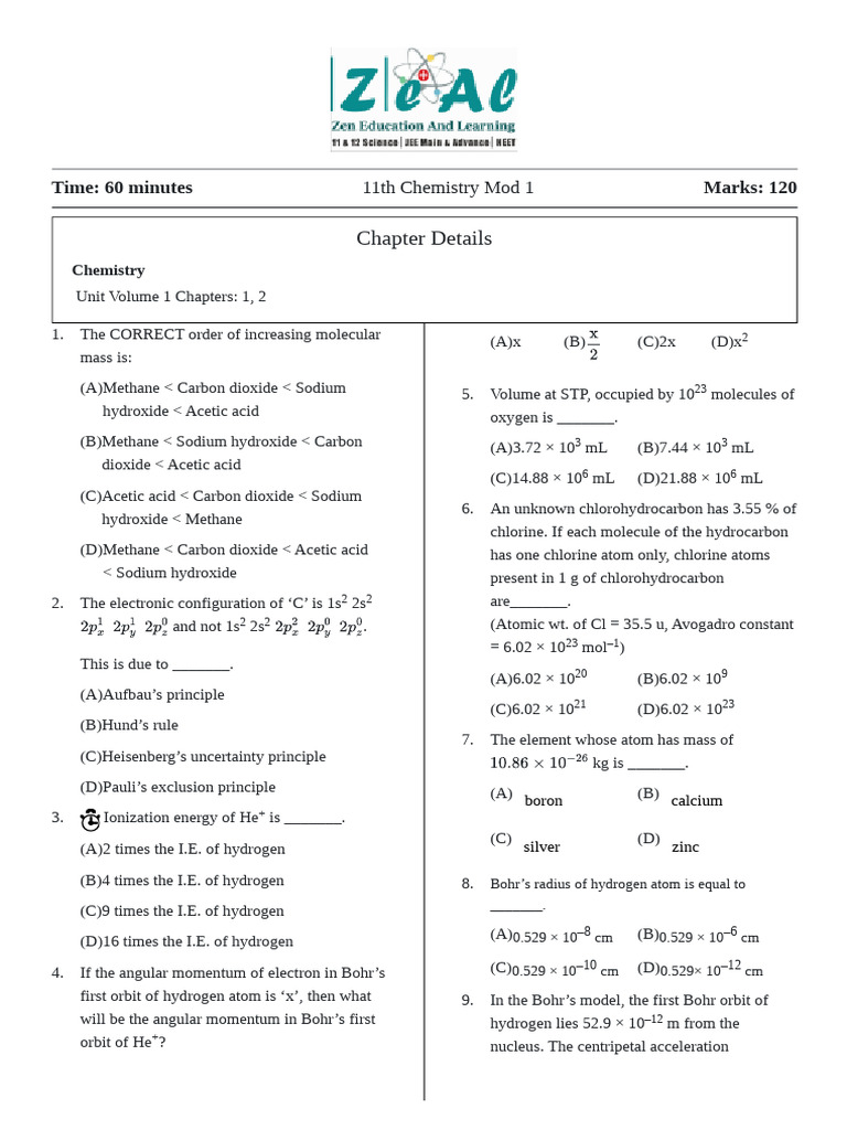 Zeal Academy (Pen) 11th Chemistry Mod 1 Question Paper 04-11-2025!13!13 ...