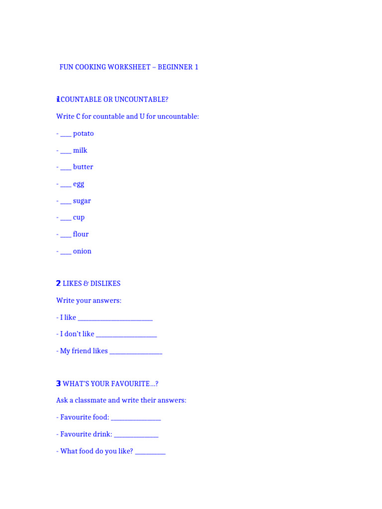 Fun Cooking Worksheet for Beginners | PDF