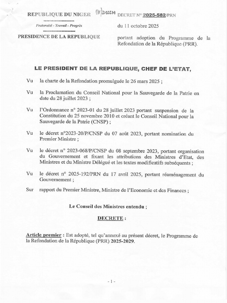 Decret 2025-582-PRN Du 11 Octobre 25_Adoption Du PRR | PDF