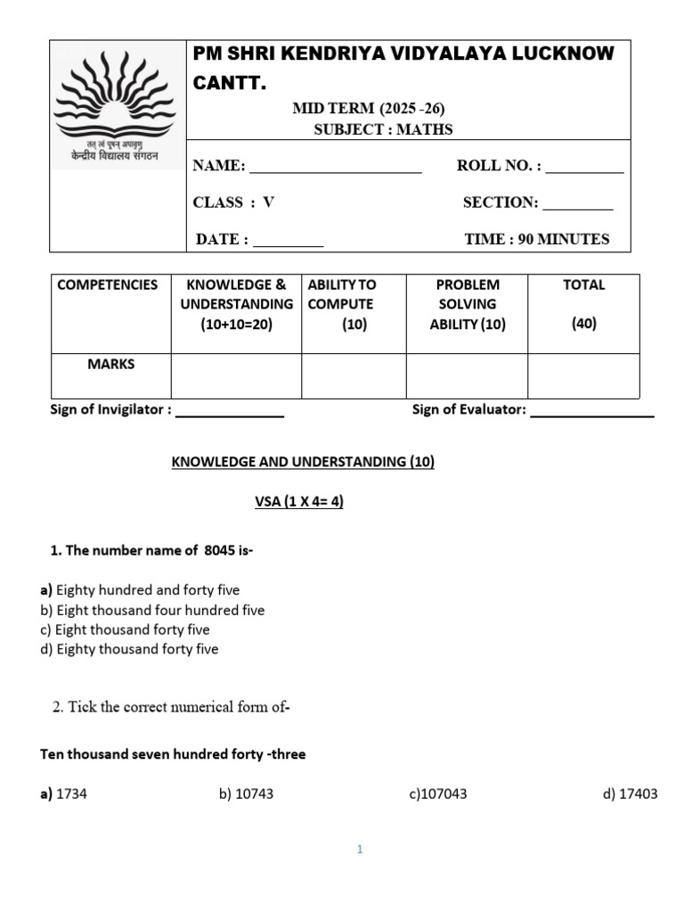 Mid Term Mathematics Class 5th | PDF | Mathematics