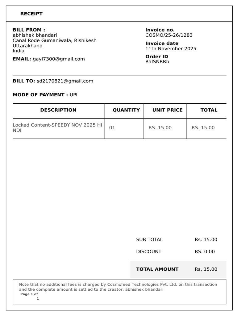 Invoice Receipt for Speedy Nov 2025 | PDF