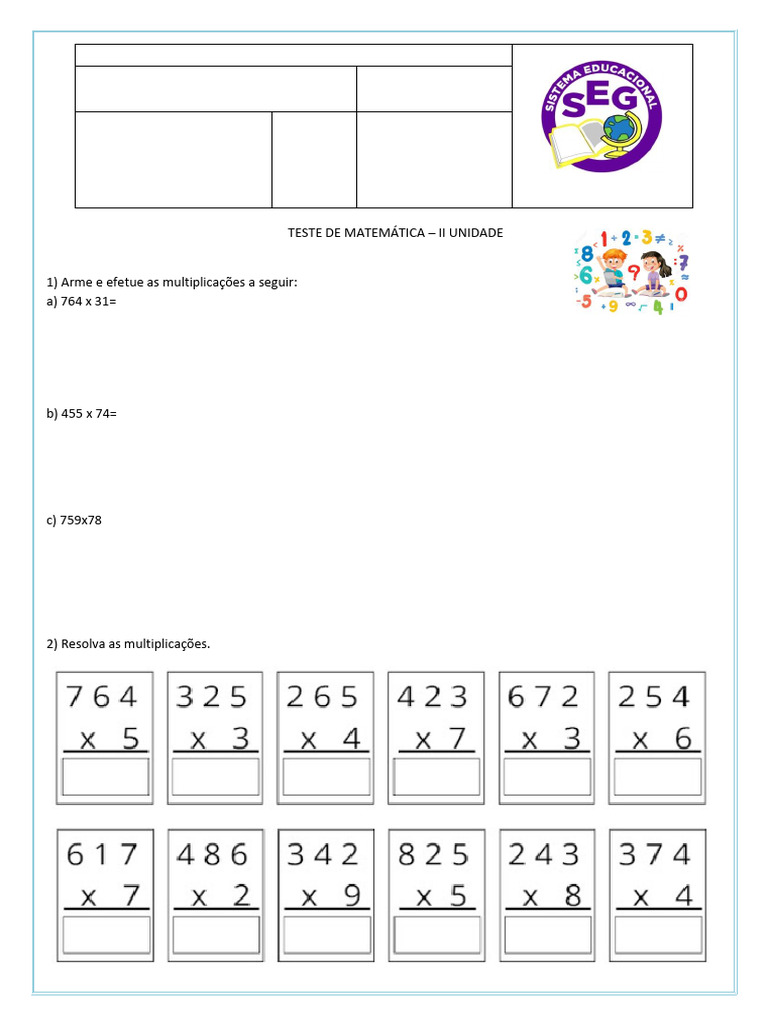 Teste de Matemática para 4º Ano | PDF