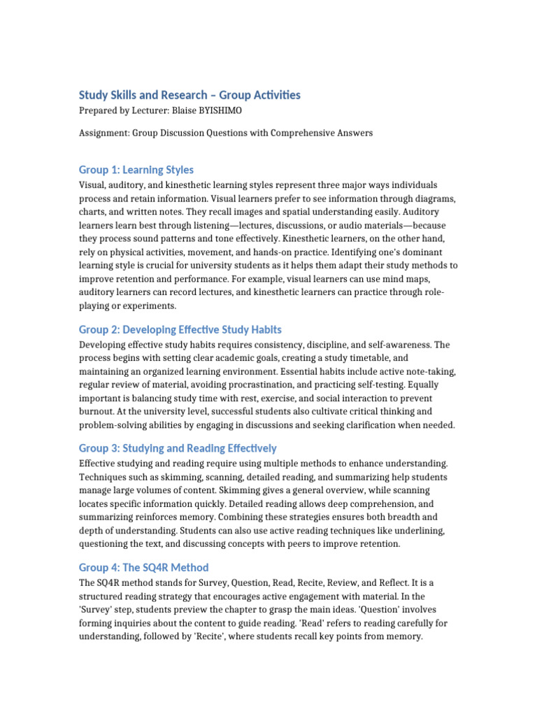 Study Skills and Research Answers | PDF | Study Skills | Nonverbal ...
