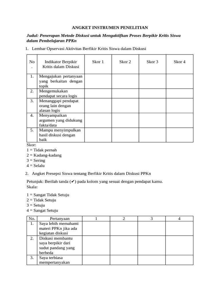 Angket Instrumen Penelitian Kelompok 5 | PDF
