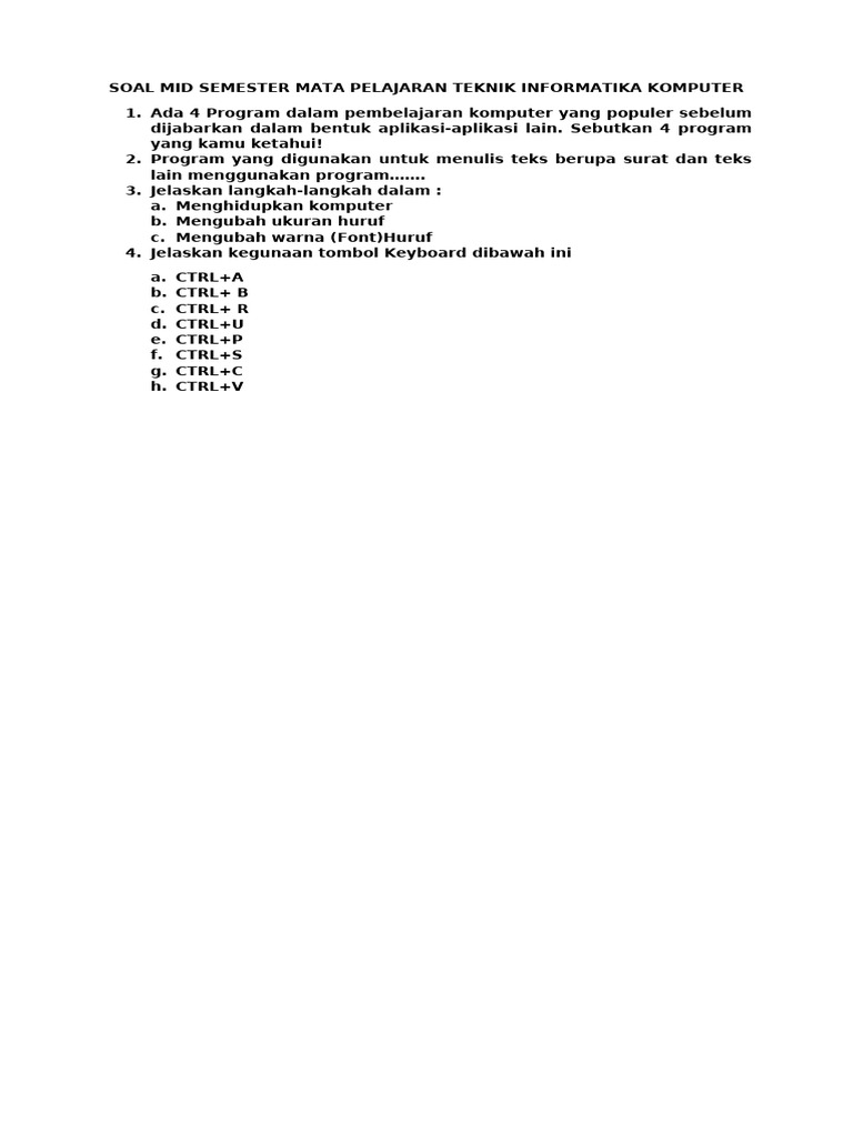 Soal Mid Semester Mata Pelajaran Teknik Informatika Komputer | PDF