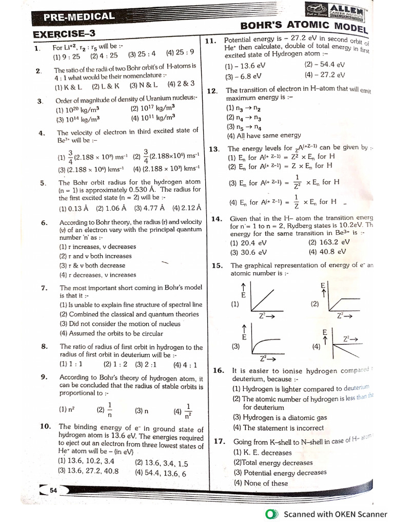 Dpp for Bohr Atomic Model | PDF