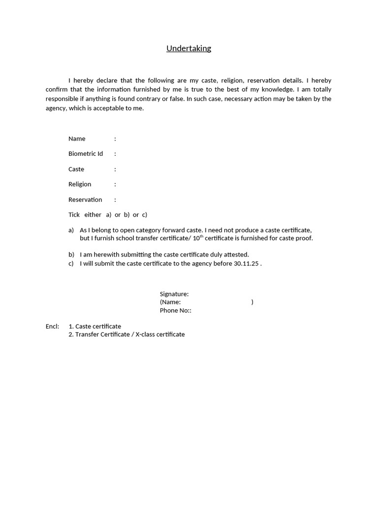 Caste and Reservation Declaration Form | PDF