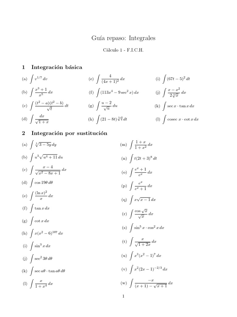 Guía de Repaso de Integrales. Calculo 1 | PDF